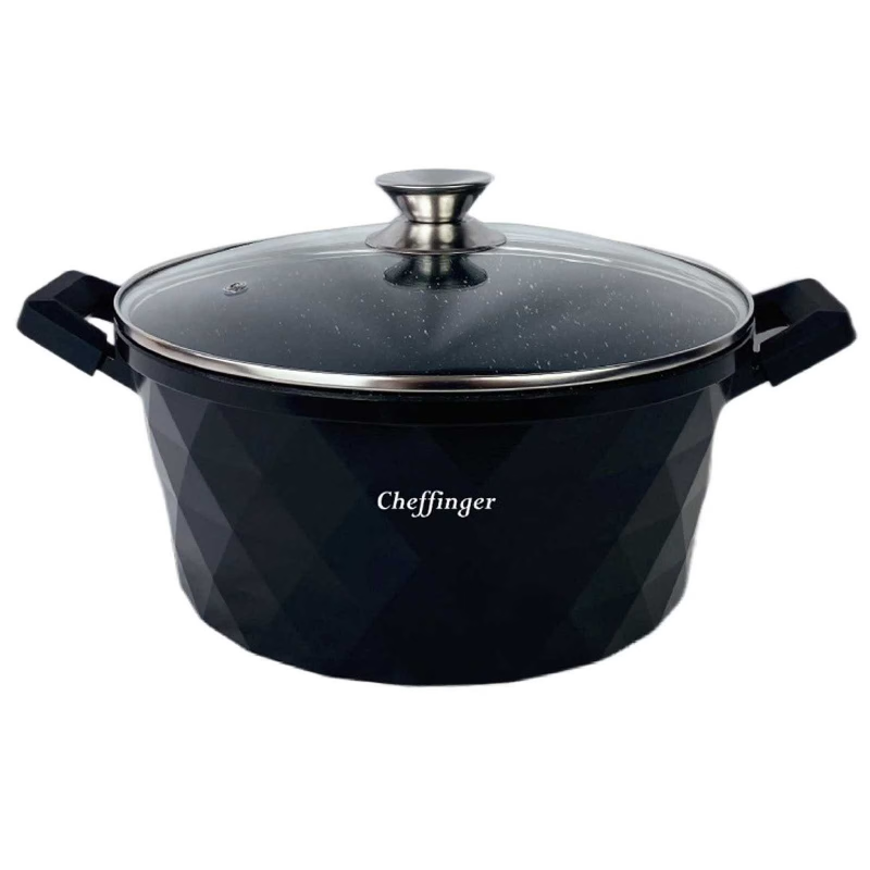 Cratita aluminiu Cheffinger CF-DIAC28S, 28 cm, 5.7 l, interior marmorat, capac sticla, manere ...